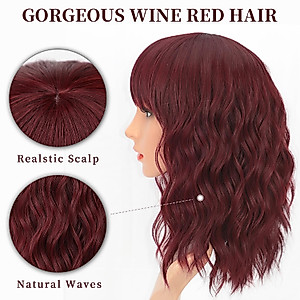 AISI HAIR Curly Bob Wig with Bangs Short Wavy Wine Red Color Wigs for Women Bob Style Synthetic Heat Resistant Bob Wigs