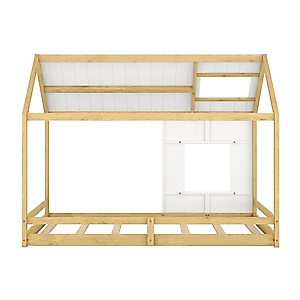 Bellemave House Bed Full Size Montessori Style Floor Bed Frame Wood Kids Cabin Beds Fun Playhouse Bed with Roof and Window for Girls Boys Teens, White with Natural