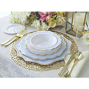 " OCCASIONS " 50 Plates Pack (25 Guests)-Heavyweight Wedding Party Disposable Plastic Plate Set -(25x10.5'' Dinner + 25x8'' Salad/dessert (Imperial in White/Blue & Gold)