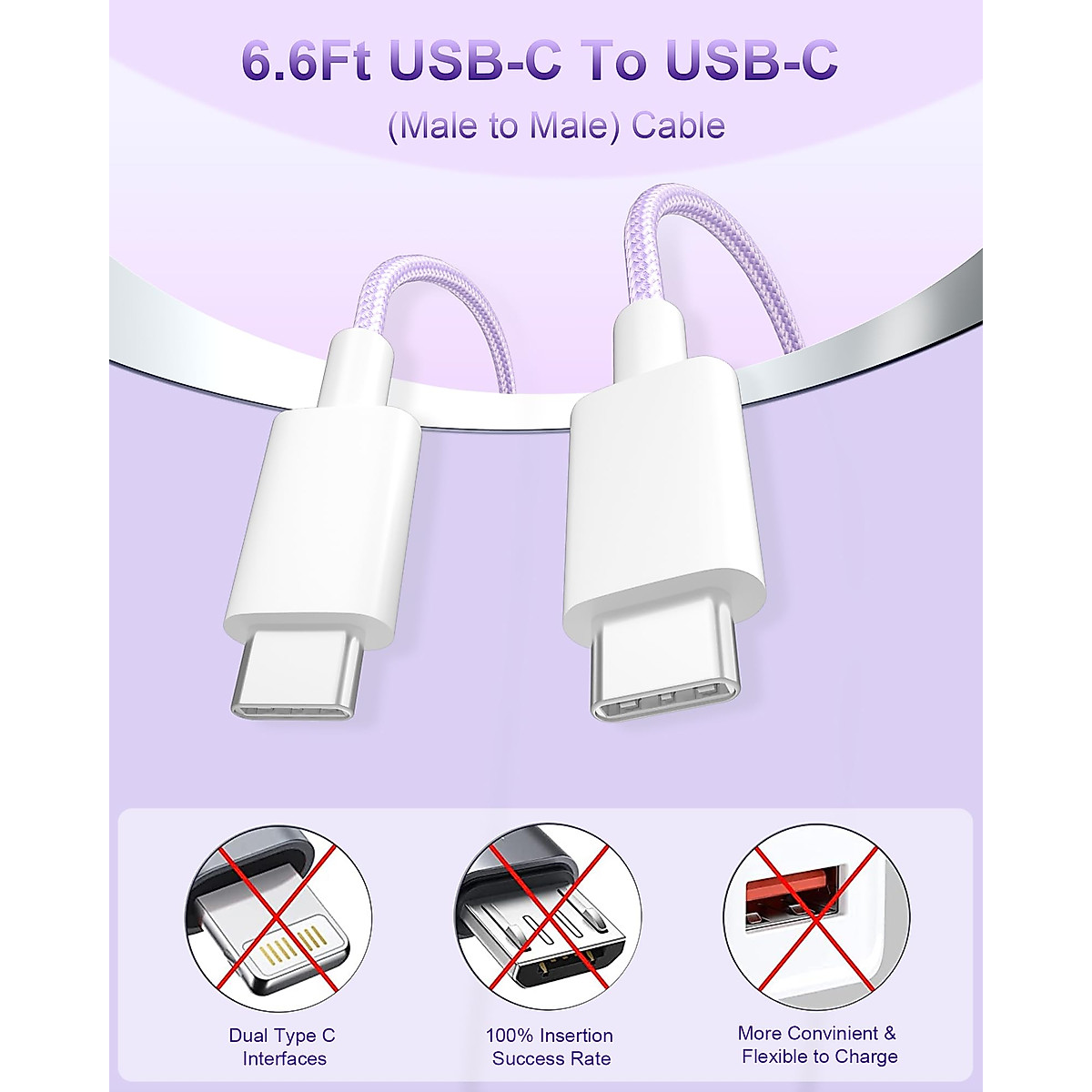 USB C to USB C Cable - 100W Type C to C Fast Charging Cable for iPhone 15 Pro Max/Plus Samsung S23 iPad Pro iPad Air/Mini MacBook Pro/Air Google Pixel Chromebook (PD 6.6Ft Nylon Cord, Purple)