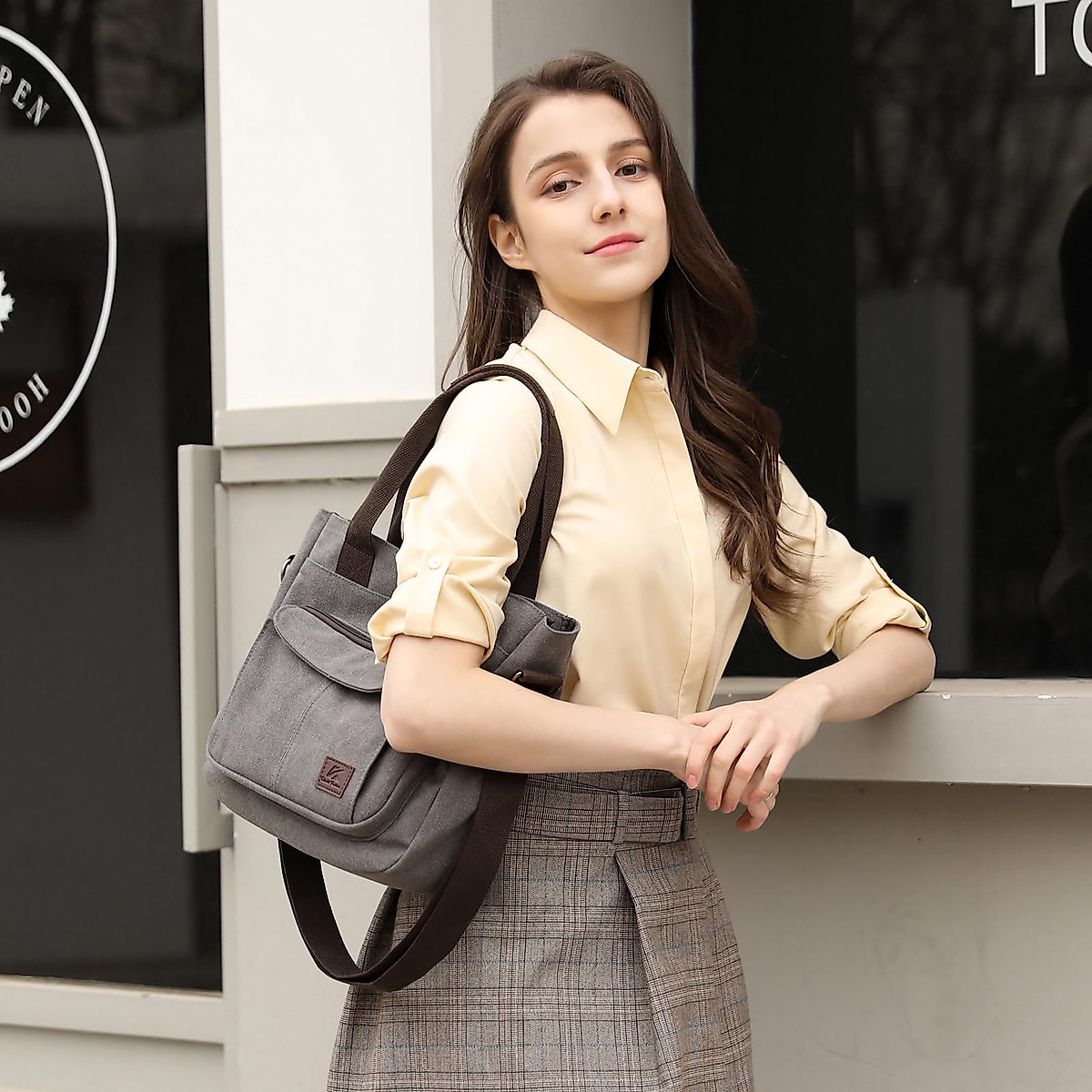 ZHIERNA Canvas Tote Purse for Women, Vintage Crossbody Shoulder Bags Small Handbag, Multi-pocket Top Handle Work Bag