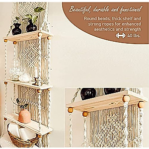 Induslyfe Tier 3 Tier 2 Macrame Wall Hanging Shelf Rack for Hanging Wall Decor Boho Shelf Wall Decor Plant Shelf, Boho White Hanging Shelf Woven Rope for Bedroom, Book