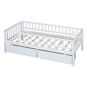 Harper & Bright Designs Twin Size Daybed with Two Drawers, Wood Kids Twin Platform Bed Frame with Storage and Rails, No Box Spring Needed, Easy Assembly (Twin Size, White)
