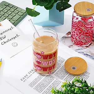 Whaline Western Cowgirl Beer Can Glass Cowgirl Drinking Glasses 16oz with Bamboo Lid Glass Straw and Cleaning Brush Cowboy Boots Disco Drinking Glass Boho Preppy Coffee Decor Gift Idea,2 Pack