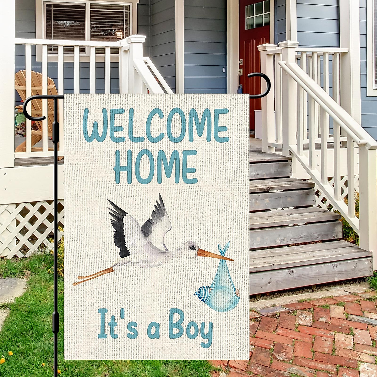 DLZDN Welcome Home Baby Boy Garden Flag Baby Shower Garden Flag 12×18 Inch Double Sided Burlap Flag Newborn Gender Reveal Lawn Yard Sign Stork Outdoor Decoration