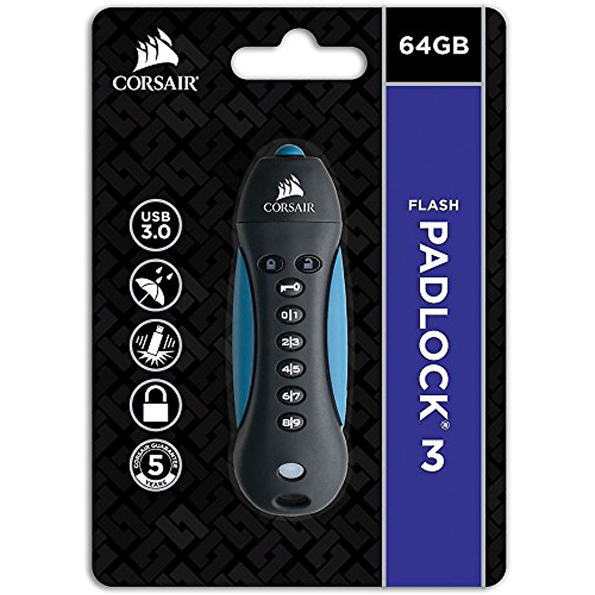 Corsair CMFPLA3B-64GB Padlock 3 - USB Flash Drive - 64 GB, Blue, Black/Blue