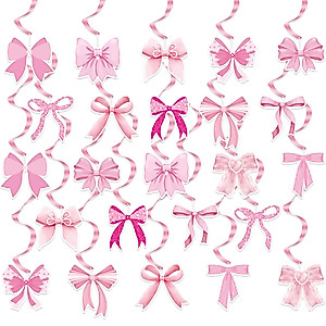 48 Pieces Coquette Birthday Hanging Swirls Party Decorations, Pink Bow Themed Spiral Ceiling Streamers for Coquette Party Birthday Baby Shower Bridal Shower Bachelorette Party Supplies