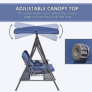 Outsunny 2 Seater Swing Chair, Garden Loveseat Swing Bench with Adjustable Canopy, Soft Cushions, Throw Pillows and Tray for Patio, Yard, Dark Blue