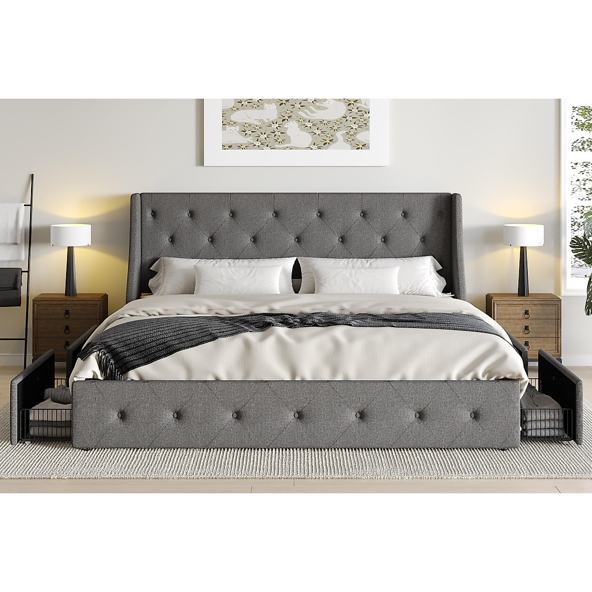 SHA CERLIN King Size Platform Bed Frame with 4 Storage Drawers and Wingback Headboard, Diamond Stitched Button Tufted Design, No Box Spring Needed, Light Grey