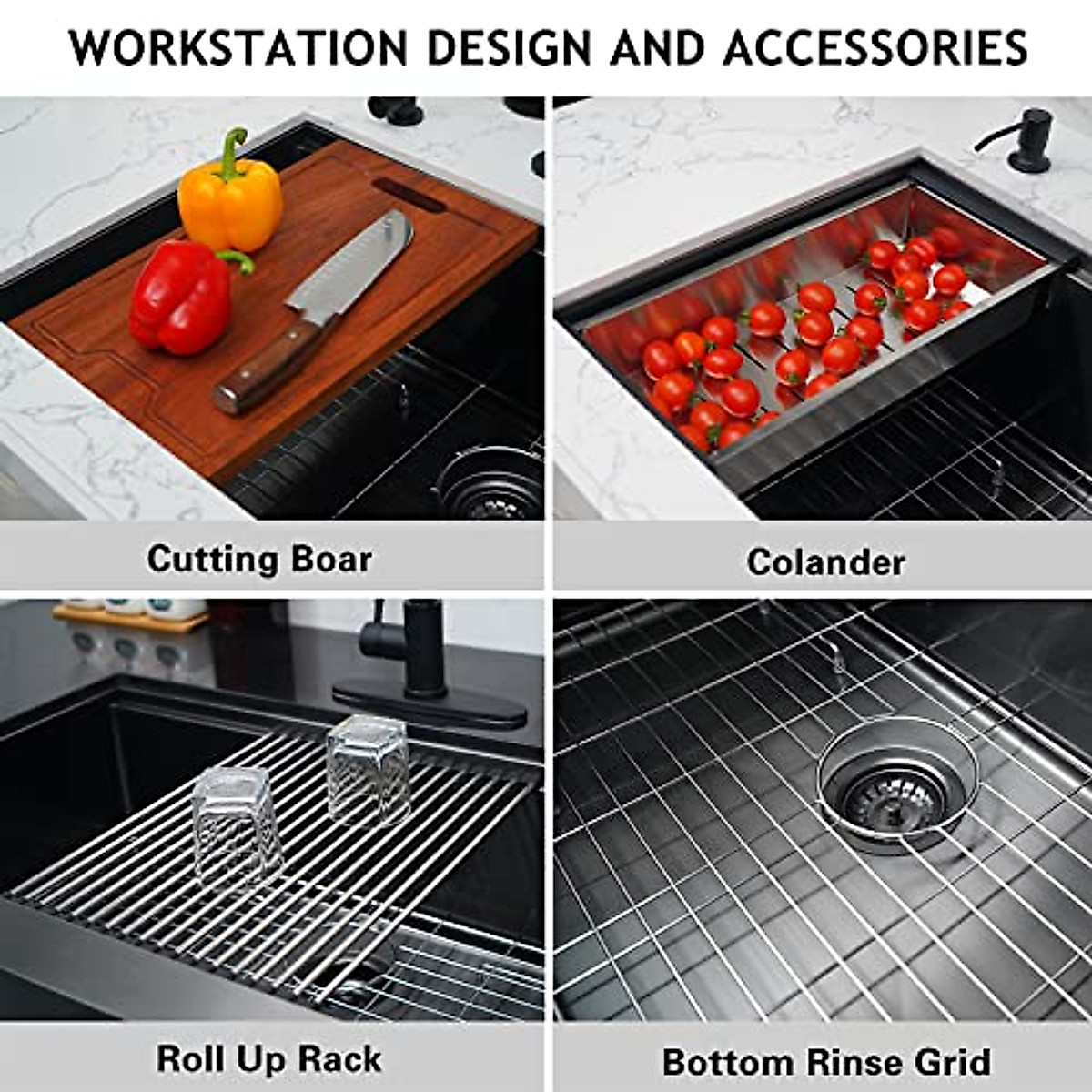 PEPO Workstation Apron-Front Kitchen Sink 36 Inch Gunmetal Black Farmhouse Undermount Sink, 16 Gauge 10 inch Deep Single Bowl Farm Sink with Accessories Kit