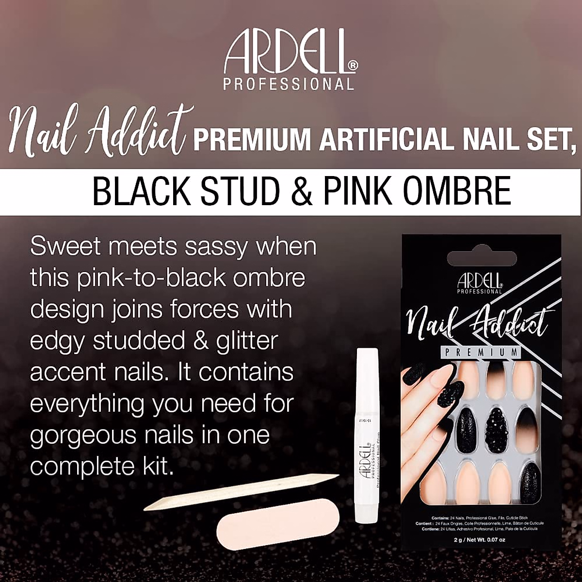 Ardell Nail Addict Premium Press On Nails - 24 False Nails Black Stud & Pink Ombre Jeweled And Matte, Reusable Artificial Acrylic Nail Kit for DIY Manicure