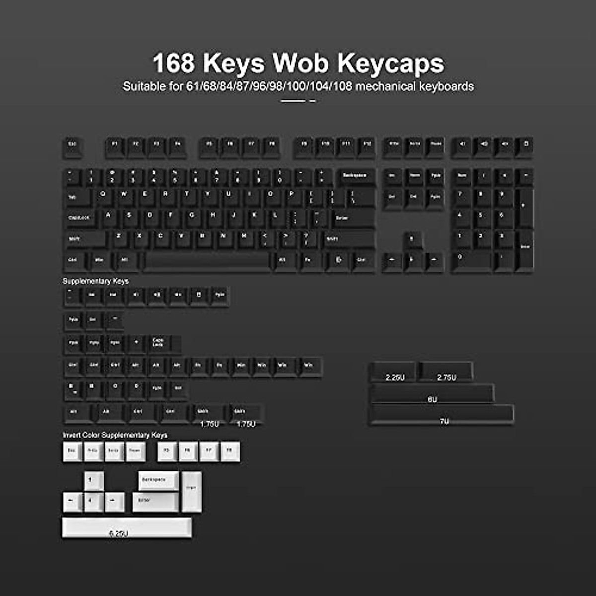 WOB Keycaps 168 Keys, Double Shot PBT Custom Keycap Set, Minimalist Style White on Black Cherry Profile Keyboard Keycaps for Cherry Gateron MX Switches Mechanical Keyboard