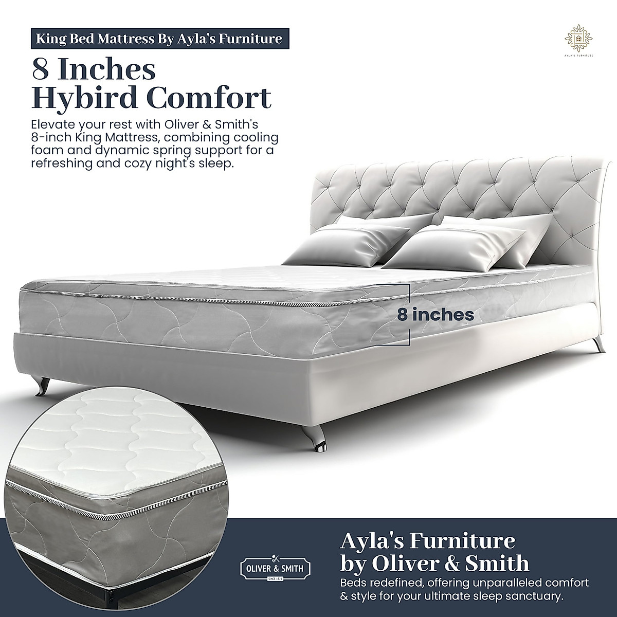 Aylas Furniture King Size Mattress- 8 Inch Hybrid King Mattress with High Density & Comfort Cold Foam with Continuous Coil Bonnell Springs - Eco-Friendly, Breathable King Bed Mattress Medium Firmness
