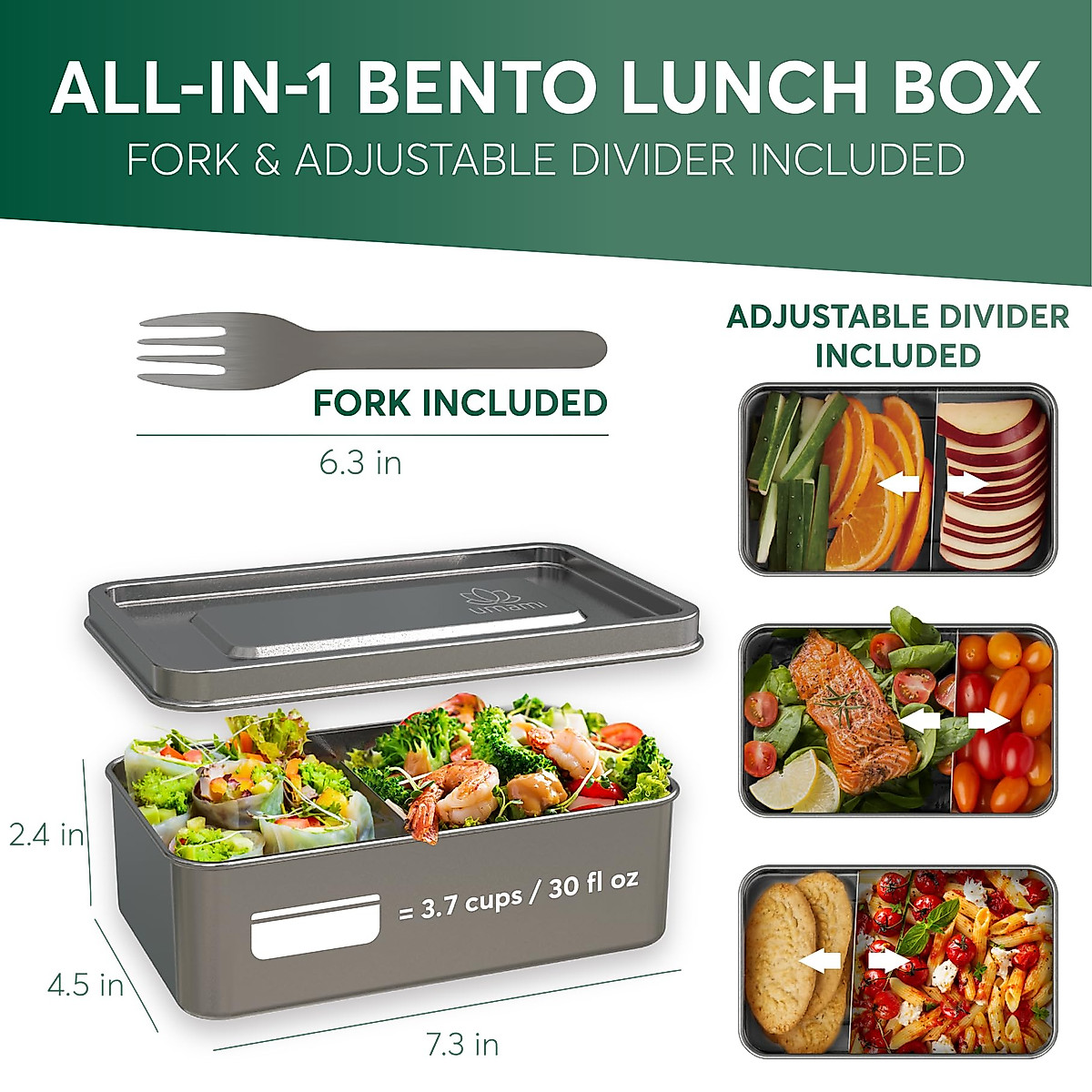 Umami Stainless Steel Bento Box Adult w/Fork & Divider, Microwave Safe (Yes!) & Dishwasher Safe, 100% Leakproof, Large Stainless Steel Metal Lunch Container for Adults