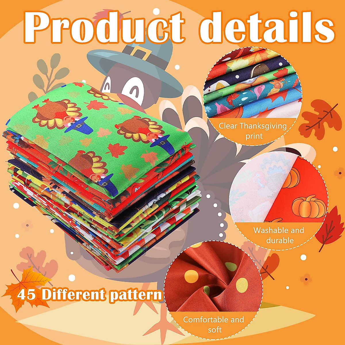 45 Pcs Thanksgiving Fabric Fall Assorted Fabric 9.8 x 9.8 Inch Squares Fat Quarter Quilting Cotton Fabric Pumpkin Maple Plaid Sunflower Fabric for DIY Sewing Craft Supply