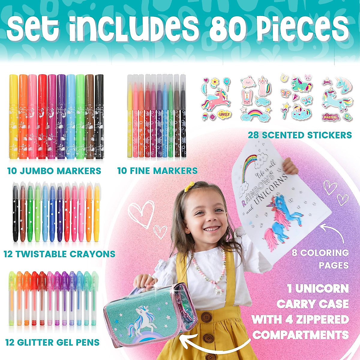 Amitié Lane Unicorn Stationery Set - Scented Markers Set + Erasable Doodle Book Set - Easy DIY Kids Arts and Crafts Kits - Girls Toys and Birthday Gifts for Kids Age 4-12