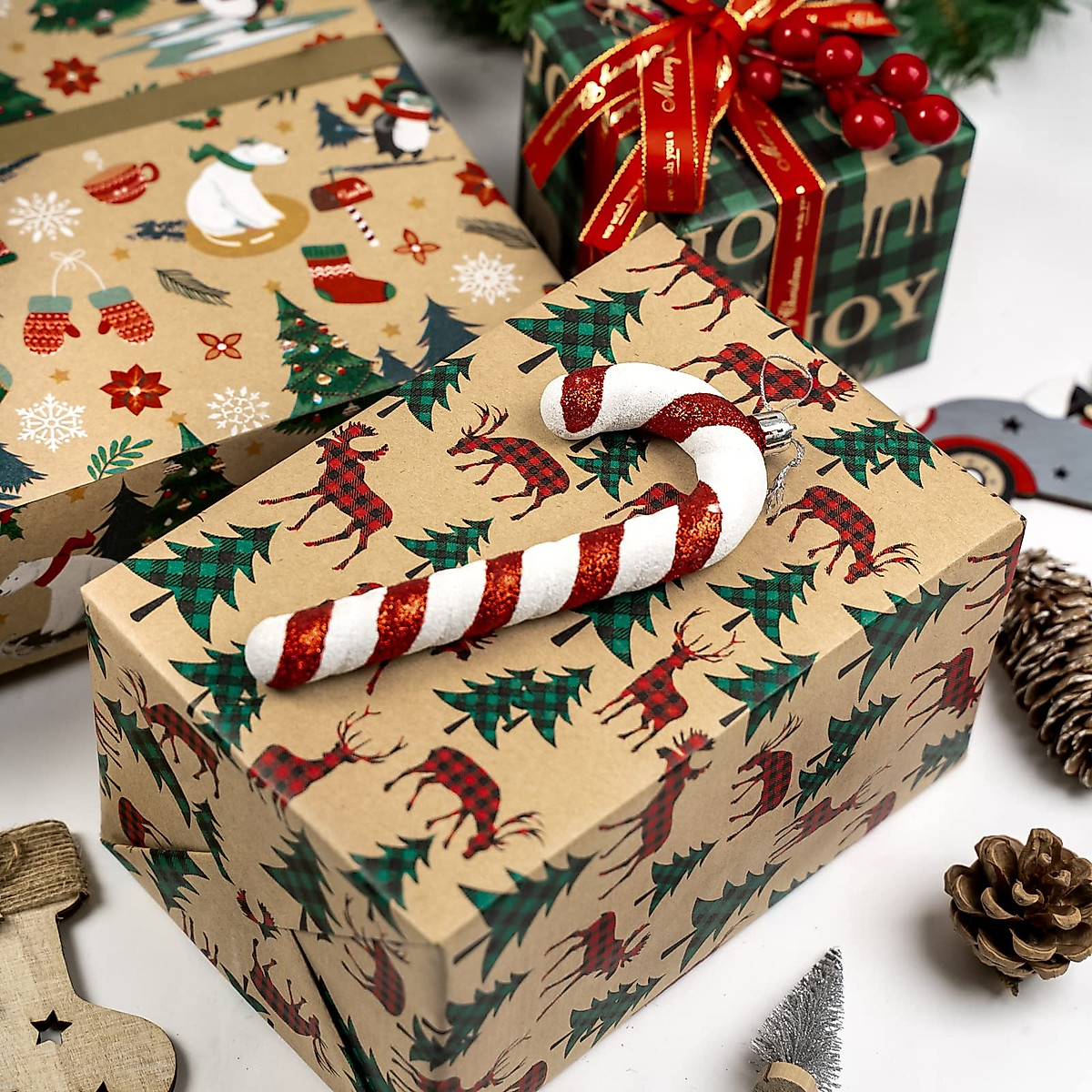 RUSPEPA Christmas Wrapping Paper Rolls with Tags and Jute String - 17 inches x 10 feet per Roll, Total of 3 Rolls