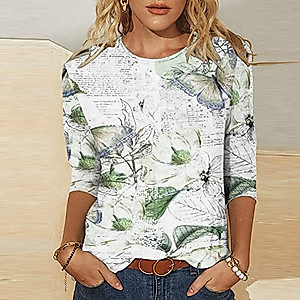 Women Plus Size Tops 3/4 Sleeve Casual Loose Fit Summer t-Shirt Floral Print Graphic Tee Shirt Pullover Blouse Cute