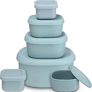 Yiyiring 5 Pcs Nesting Silicone Food Storage Containers with Lids Blue Silicone Bento Lunch Boxes Airtight Silicone Lunch Container, Microwave and Freezer Safe Lunch Supplies