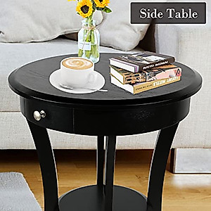 ECOMEX Round Wood Side Table, 20 Inch Wood Curved Legs Living Room Table with Storage Shelf with Intersecting Pedestal Base, Black End Tables for Kitchen, Dining Room, Bedroom, Coffee Bar, Sofa