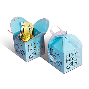 YOZATIA 50pcs Laser Cut Baby Carriage Favor Box Bomboniere Gift Candy Boxes Baby Shower Party Decoration,2.2 x 2.2 x 2.2 Inches（Blue）