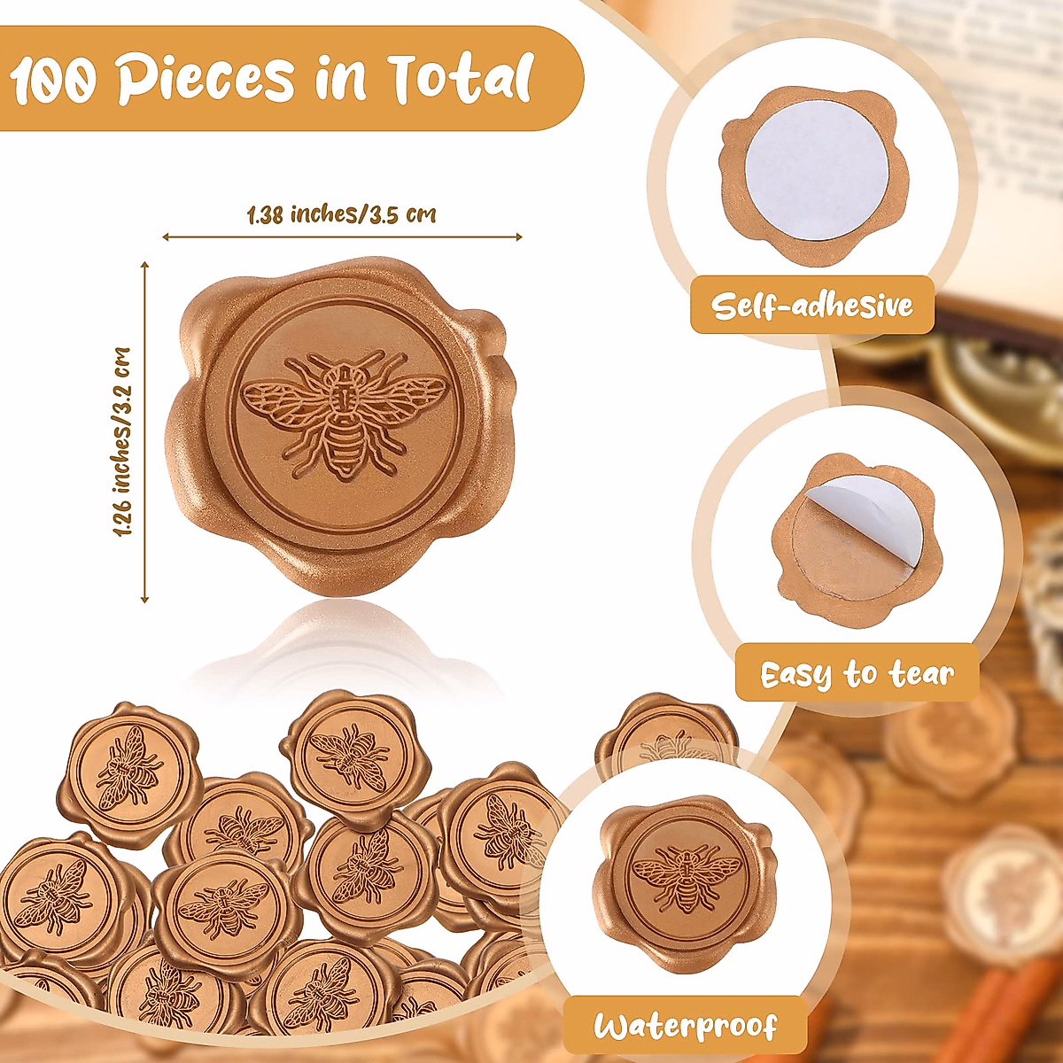 Roowest 100 Pcs Bee Adhesive Wax Seal Stickers Envelope Seal Stickers Vivid Bee Gold Stickers Vintage Wedding Invitation Stickers for Baby Shower Certificate Gift Birthday Christmas Party Supply