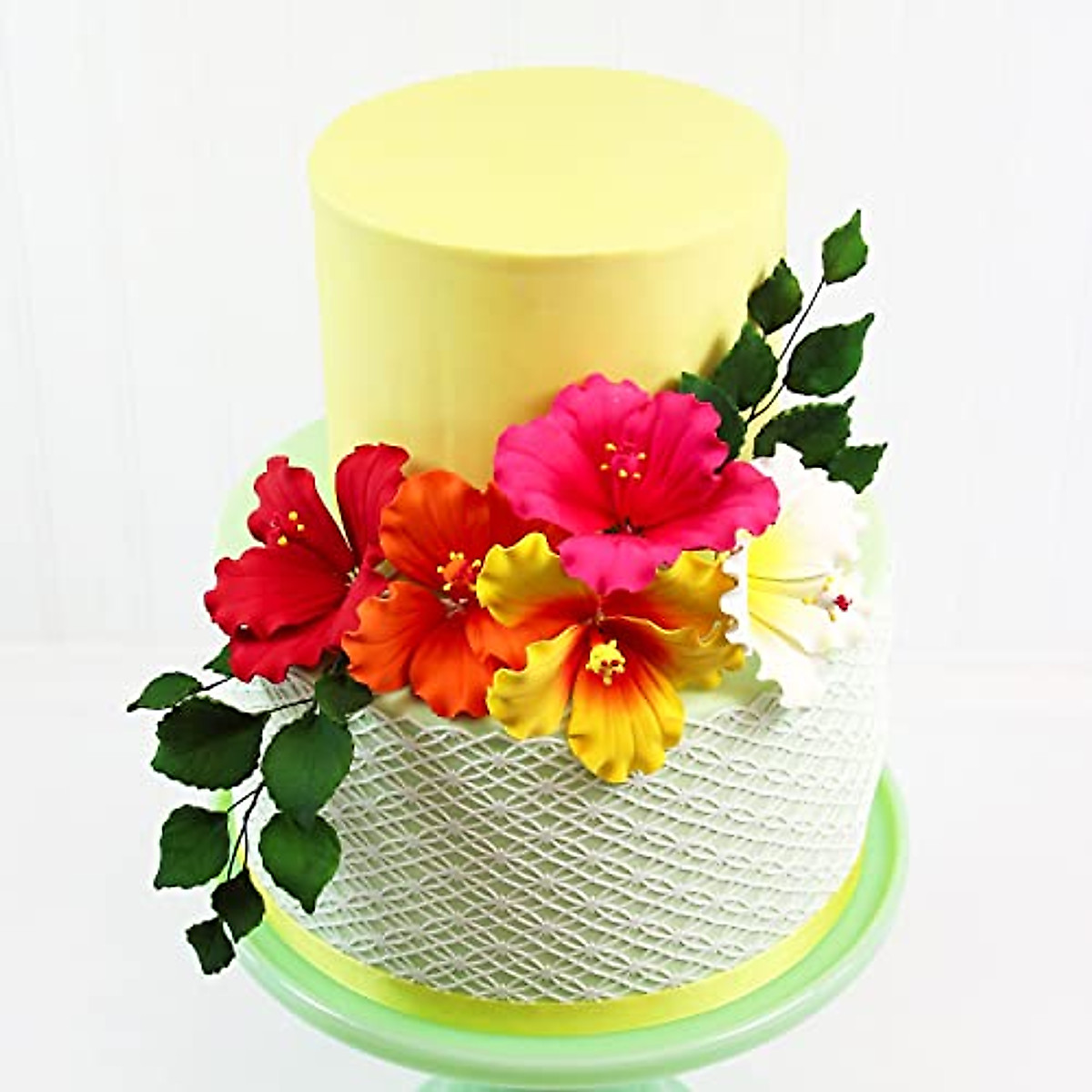 Global Sugar Art Hibiscus Sugar Cake Flowers, Assorted Colors, 5 Count and Leaf Sprays by Chef Alan Tetreault