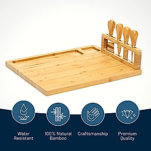 RoyalHouse Unique Bamboo Cheese Board and Knife Set - Charcuterie Boards Set & Cheese Platter with Slide-Out Cutlery Drawer - Serving Tray for Crackers, Meat, and Wine - Anniversary and Wedding Gift
