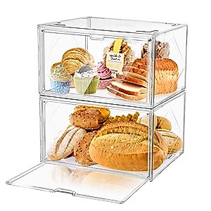 ONLYOILY 2PCS Upgrade Large Bread Box for Kitchen Countertop, Plastic Bread Box Bread Holder, Stackable Double Layer Bread Storage Container, Clear Bread Boxes for Kitchen Countertop, Pantry Storage