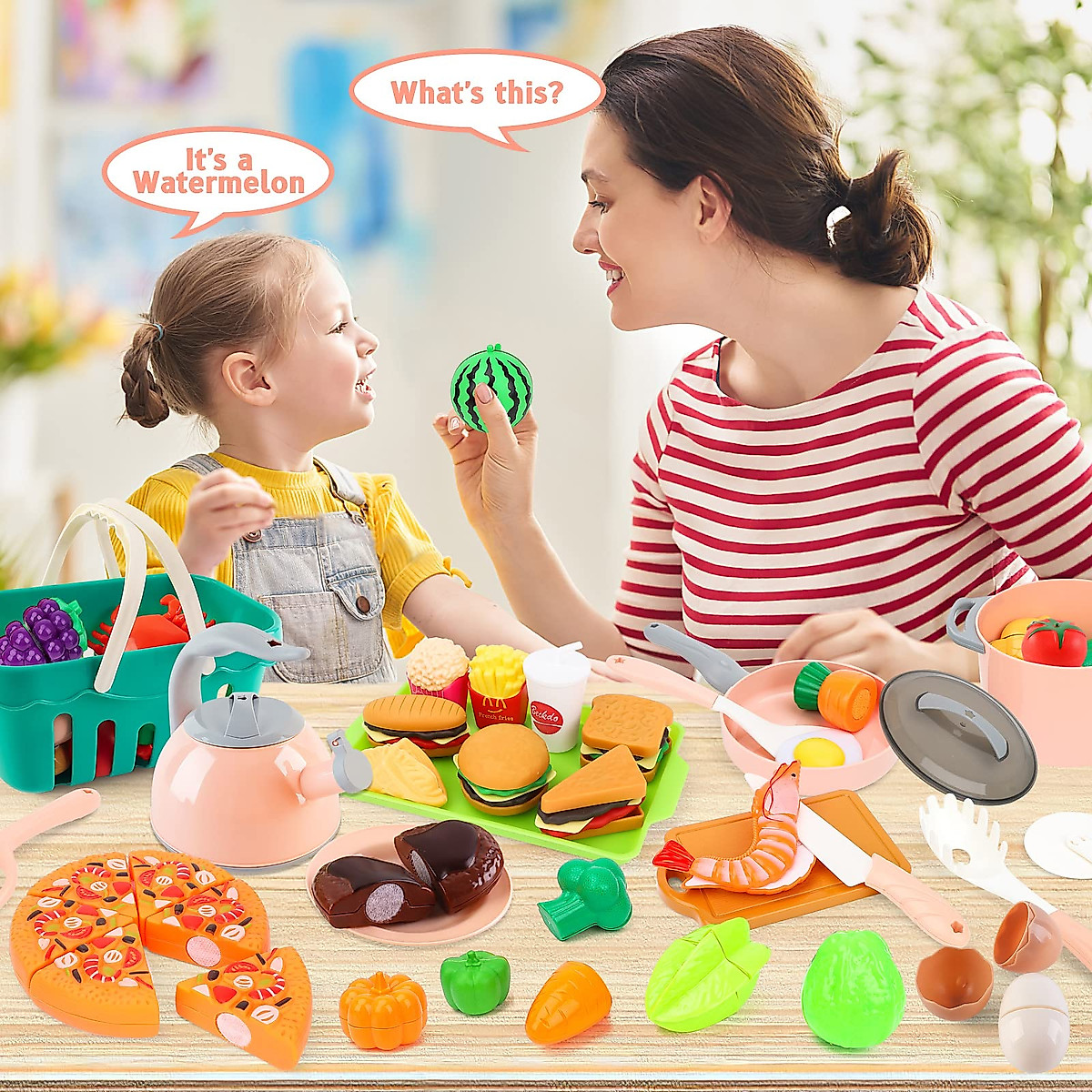 deAO Kids Play Kitchen Accessories with Pots and Pans,Cutting Food Toy,Cookware Utensils,63 PCS Play Food Set-- Kids Kitchen Accessories for Girls Boys Kids