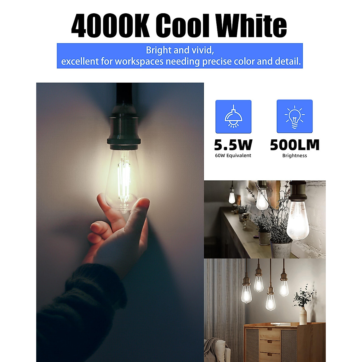 Lumiverse Edison Light Bulbs 60 Watt, 4000K Cool White, Non-Dimmable, Vintage Light Bulbs, E26 Medium Base ST19 Antique LED Filament Bulbs, Clear Glass, Pack of 6
