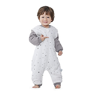 LAT Baby Sleep Bag with Feet Winter, Wearable Blanket with Legs, Warm Sack for Toddler Thicken 2.5 TOG-Sleepsuit Removable Sleeves-Hip Open With Buckle(Gray+White Stars,XS/70)