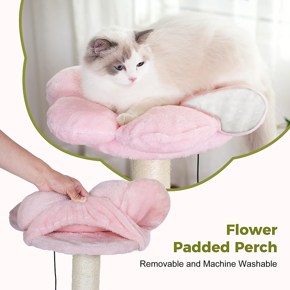 Pawfessor Flower Cat Tree 4 in 1 Cat Scratching Post for Indoor Cats 34" Small Cat Tower for Large Cats, with Full Scratch Posts,15.7”Large Hammock, Removable Perch and Wide Condo for Indoor Cats-Pink