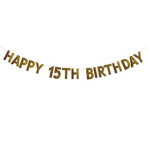 HAPPY 15TH BIRTHDAY Banner，Pre-strung，No Assembly Required，15th Birthday Party Decorations Supplies，Gold Glitter Paper Garlands Backdrops, Letters Gold Betteryanzi