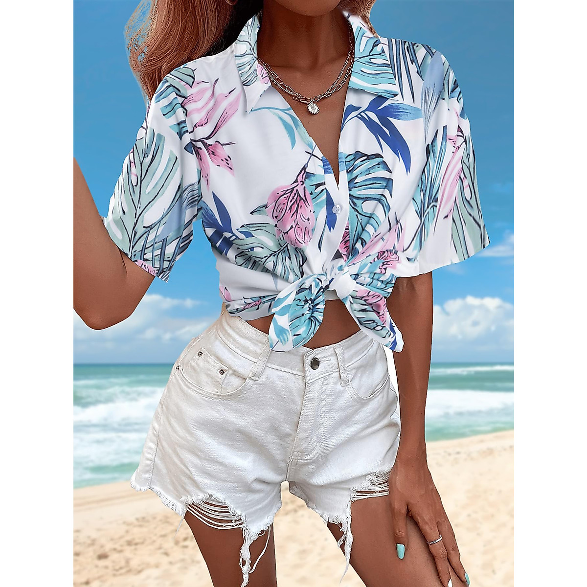 ASTANFY Hawaiian Shirt Women Hawaii T-Shirt Tropical Floral Printed V Neck Shirts Soft Cool Summer Beach Button Up Blouse Green