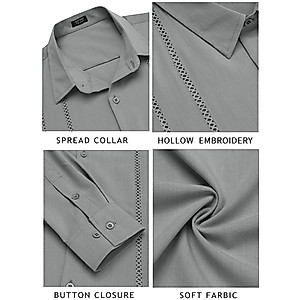 COOFANDY Men's Cuban Guayabera Shirts Casual Long Sleeve Button Down Shirt Summer Beach Tops Grey