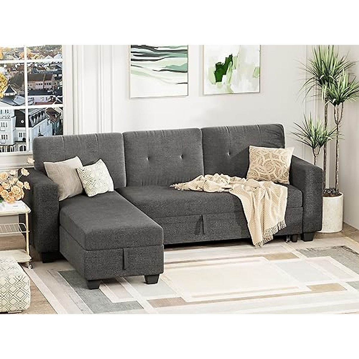 YESHOMY Sofa Bed Reversible Convertible Sleeper Pull Out Couches with Storage Chaise, Linen Fabric Furniture for Living Room, Bedroom, Apartment, Dark Gray