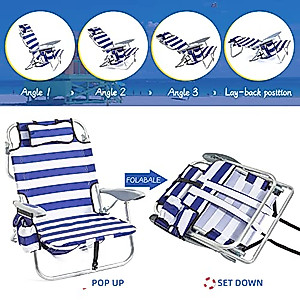Canpsky Portable Beach Chair for Adults, 4 Position Backpack Folding Camping Chairs for Outdoor, Beach Chairs with Backpack Straps,Blue White…
