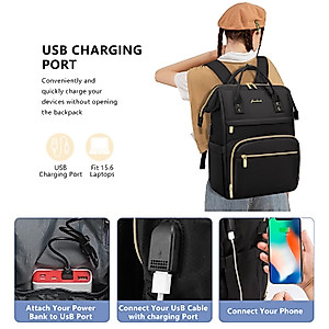 Focdod Work Computer Backpack For Women: 15.6 inch Nurse Bags Large School Teacher Laptop Bag Travel Purse Back pack With USB Charging Port Laptop Compartment Adult Waterproof Daypack Gift Black