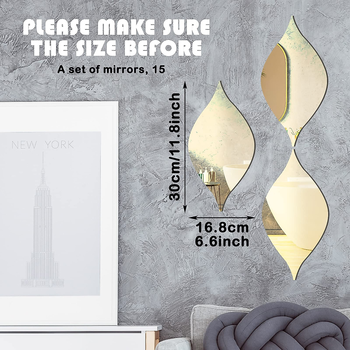 Amyhill 15 Pack Acrylic Mirror Wall Stickers Teardop Mirror Stickers Wall Decor Wavy Mirror Stickers Removable 3D Wall Decals Art for Living Room Bathroom Home Decoration (Gold,Teardrop)