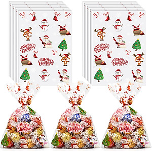 AnapoliZ Christmas Treat Bags | 100 pcs (6” x 9” Inch) | 2.5 Mil Crystal Clear Cellophane Bags with Merry Christmas Designs | Santa, Snowman Cello Bags | Christmas Party Decorations | Xmas Treat Bags