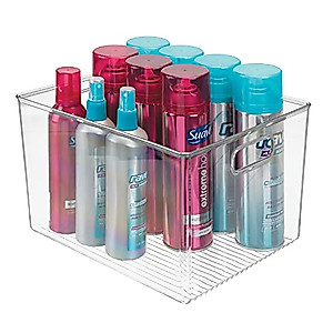 mDesign Large Modern Stackable Plastic Storage Organizer Bin Basket with Handle for Bathroom Vanity Organization - Shelf, Cubby, Cabinet, and Closet Organizing Decor, Ligne Collection - Clear