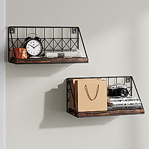 JOIN IRON Set of 2 Wall Mounted Floating Shelves Wood Rustic Storage Shelves for Bedroom, Bathroom, Living Room(Brown)