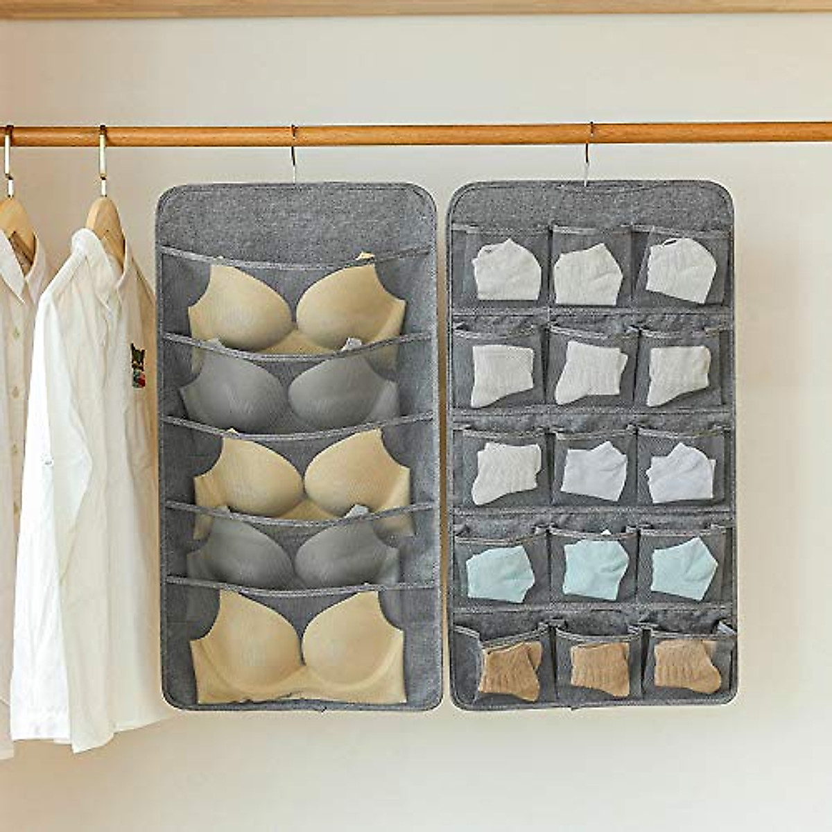Dual Sided Hanging Underwear Sock Bra Stocking Organizer with 5+15 Mesh Pockets, 3D Pockets Design Durable Space Saver Bag Wall Shelf Wardrobe Storage Bags Holders (Grey)