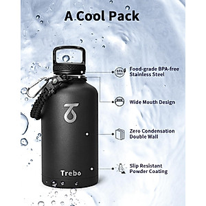 Trebo Half Gallon Water Bottle with Paracord Handle 64oz Wide Mouth Insulated Double Wall Stainless Steel Large Sports Flask Keep Hot 24 Hours & Cold 48 Hours Water Jug with 3 Lids, Black