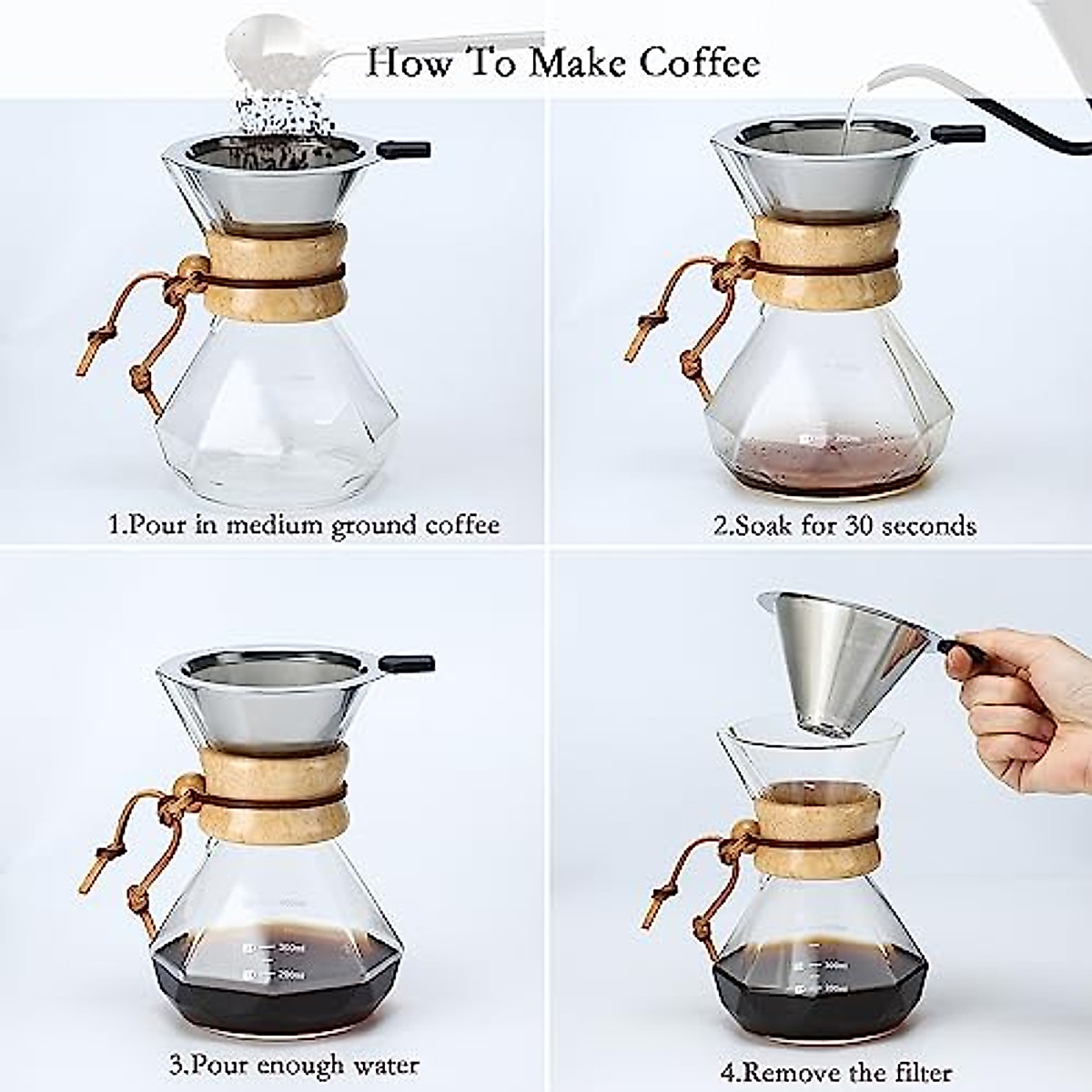 Lalord Pour Over Coffee Maker with Reusable Stainless Steel Filter, 20 oz Borosilicate Glass Coffee Carafe, Wooden Collar, Coffee Dripper Brewer, Hold 3 Cups, 600ml