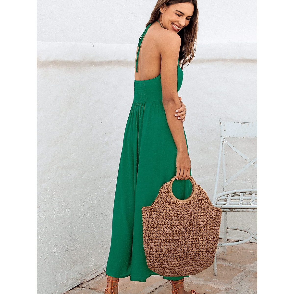 CUPSHE Women's Backless Beach Dress Halter Neck Ruffle Plunge V Neck Sleeveless Maxi Sundress Summer Dresses, Green M