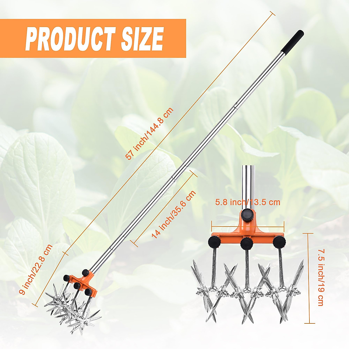 BARAYSTUS Rotary Cultivator Garden Rotary Tiller Adjustable Stainless Steel Poles Hand Tiller for Soil Mixing or Reseeding Grass Lawn Tiller Total Length 57 Inch.
