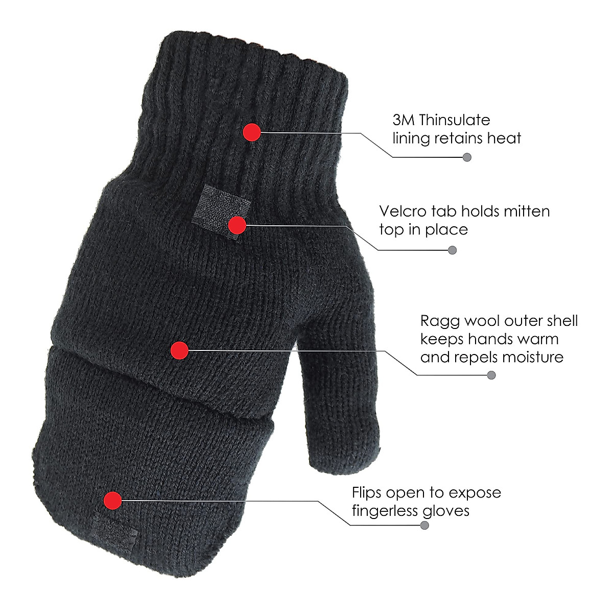 Illinois Glove Company 361L Rag Wool Glomitt Flip Mitten 3M Thinsulate Lined Soft Leather Grip Palm L Black, Soft Leather Palm for Grip, Elastic Wrist, Mitten Flips Open to Expose Fingerless Gloves