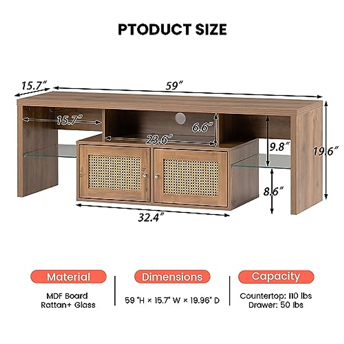 Lyromix LED TV Stand for Televisions up to 70 Inches Modern Rattan Entertainment Center with Cabinet Storage and 2 Door, Large Boho Media Console Table for Living Room, Natural